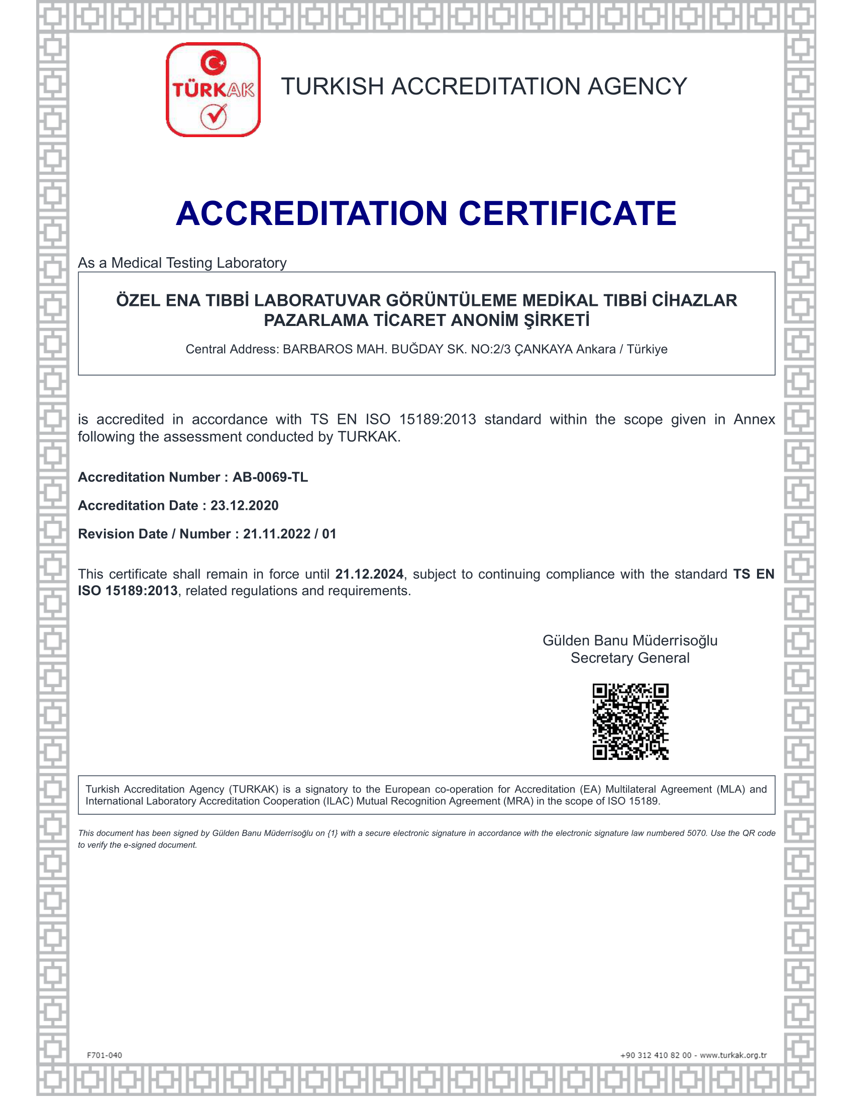 Accreditation Certificate - ENA Laboratuvarları